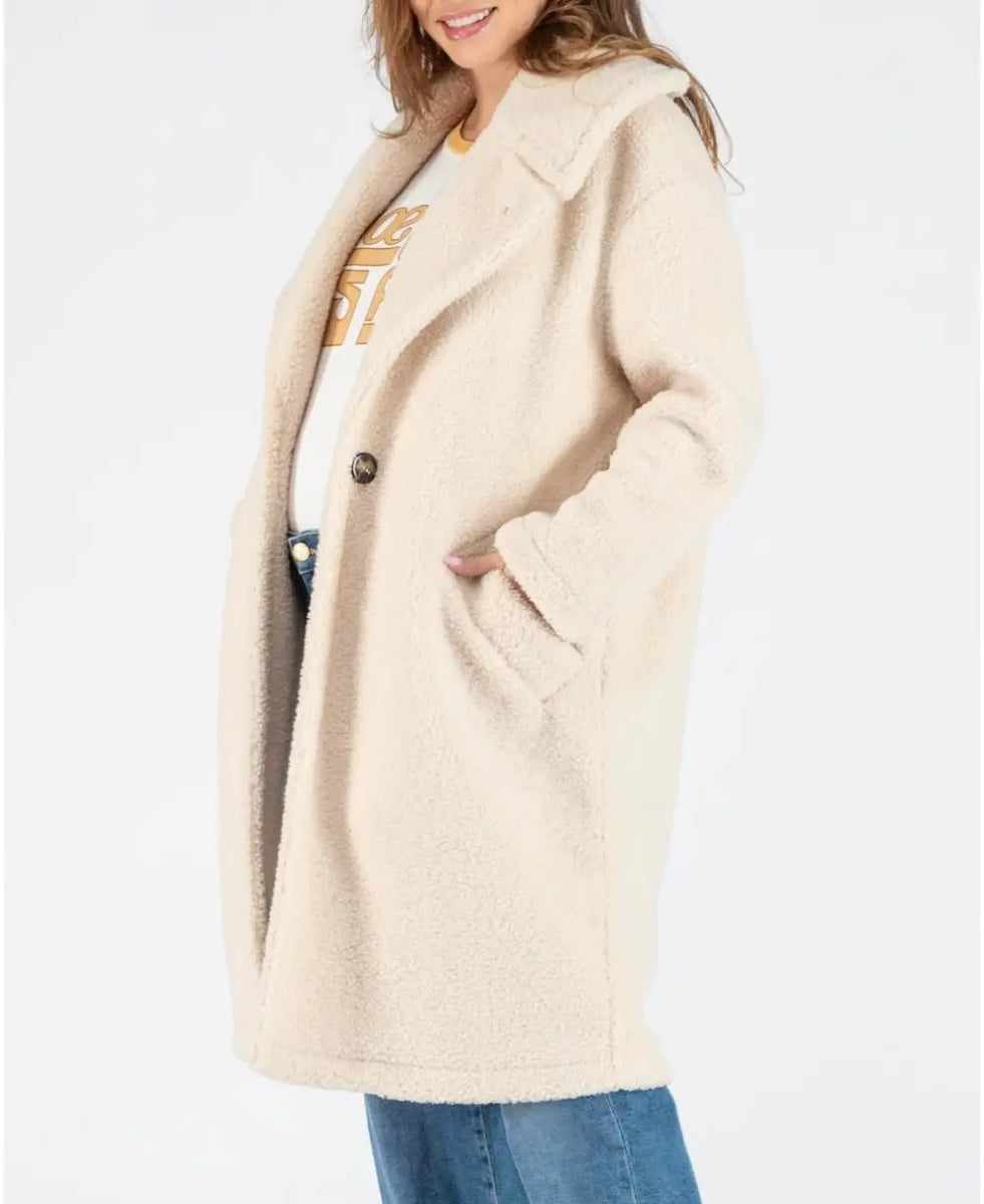 Long pregnancy coat Léonie beige | Cache coeur – Cache Cœur US